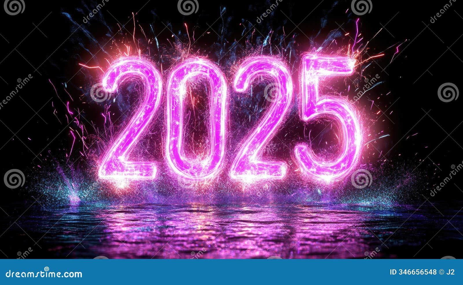 Vibrant Neon 2025 Fireworks Reflections Splashing on Water Stock Photo ...