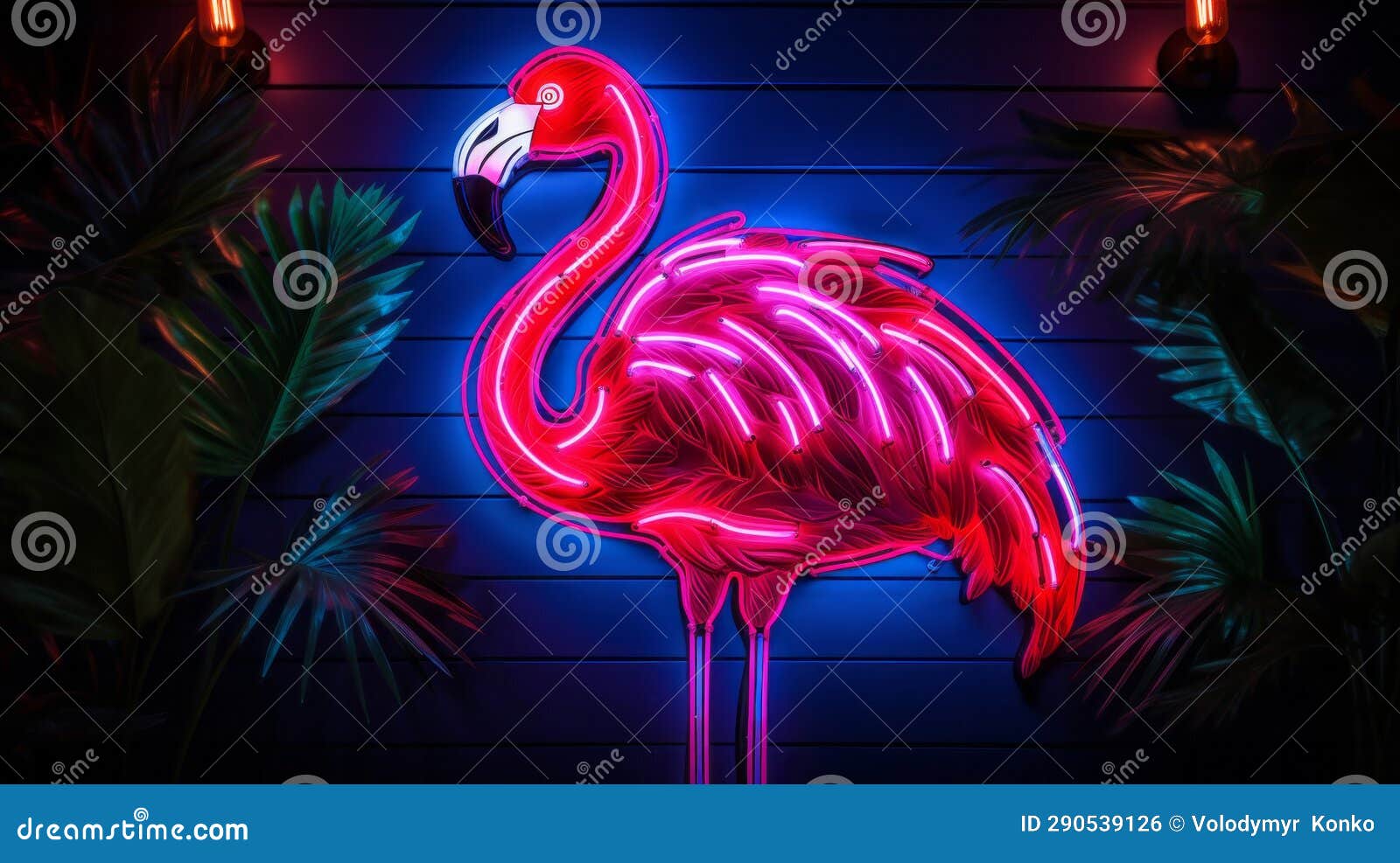 A Vibrant Neon Flamingo in Front of a Modern Building Stock Photo ...