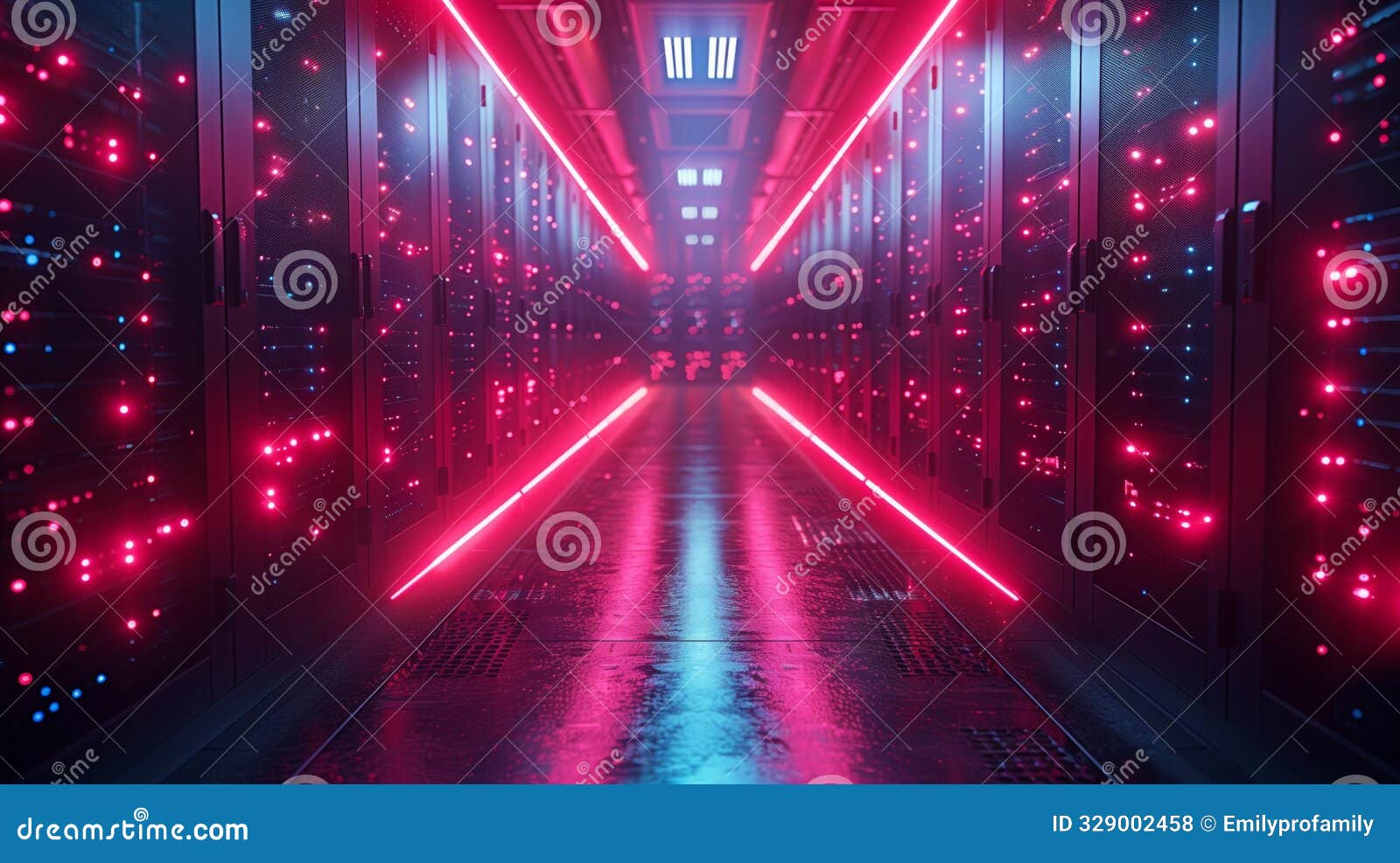 Vibrant Neon Lights Illuminate Server Room Corridor of Data Center at ...