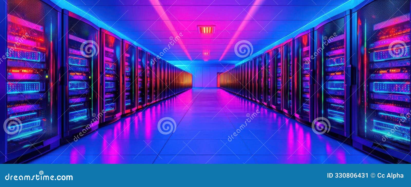 A Vibrant, Neon-lit Data Center Showcasing Advanced Server Racks and Cutting-edge Technology ...