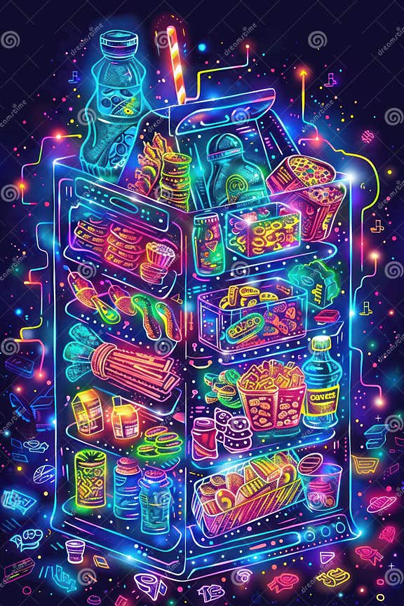 A Vibrant, Neon-lit Refrigerator Filled with Creative Snacks and Drinks ...