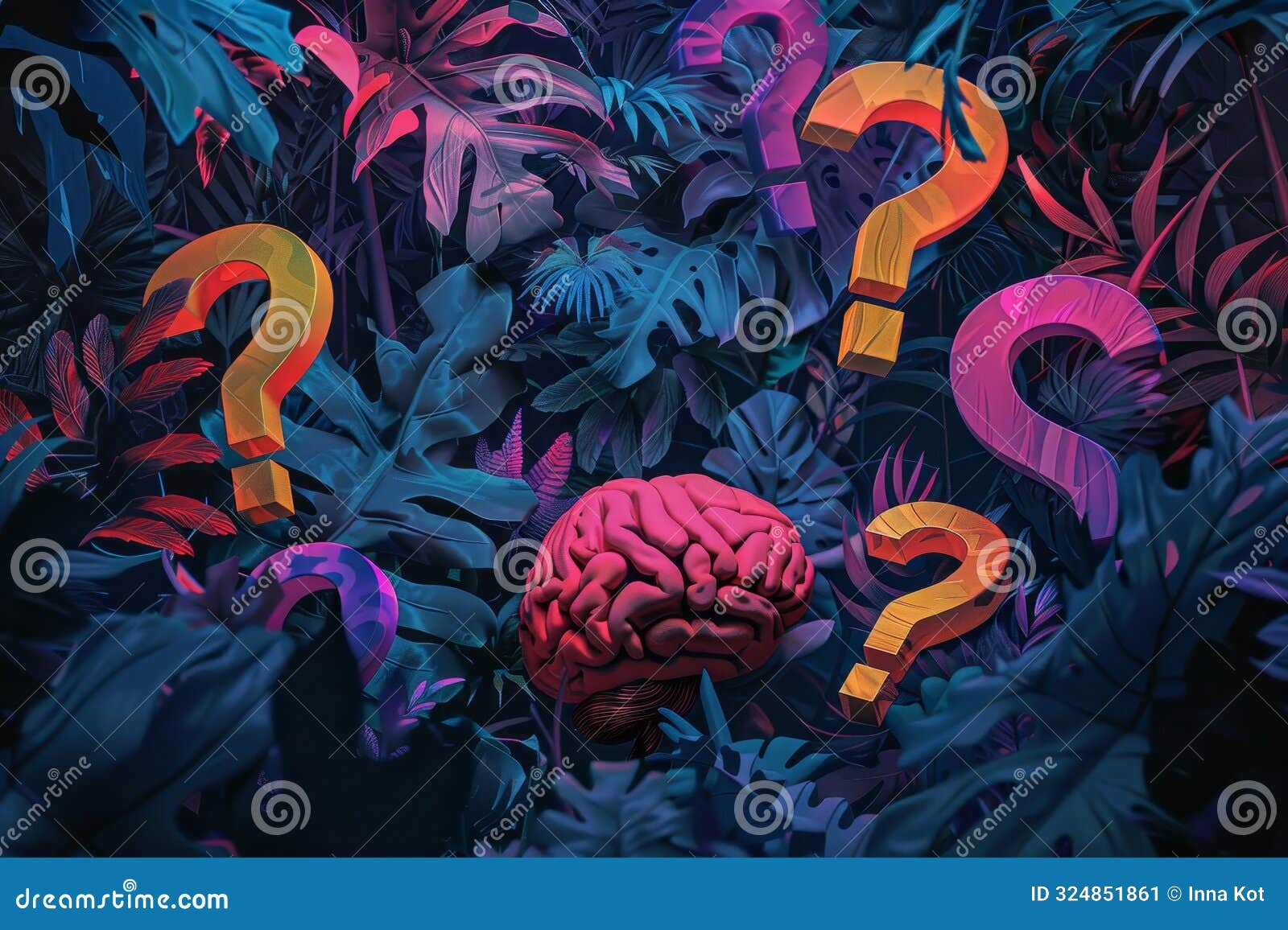 Vibrant Neon Question Marks Encircle Computer Generated Human Brain ...