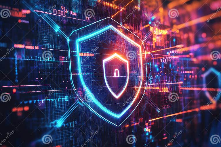 Neon Cybersecurity Shield Icon with Digital Background and Futuristic ...