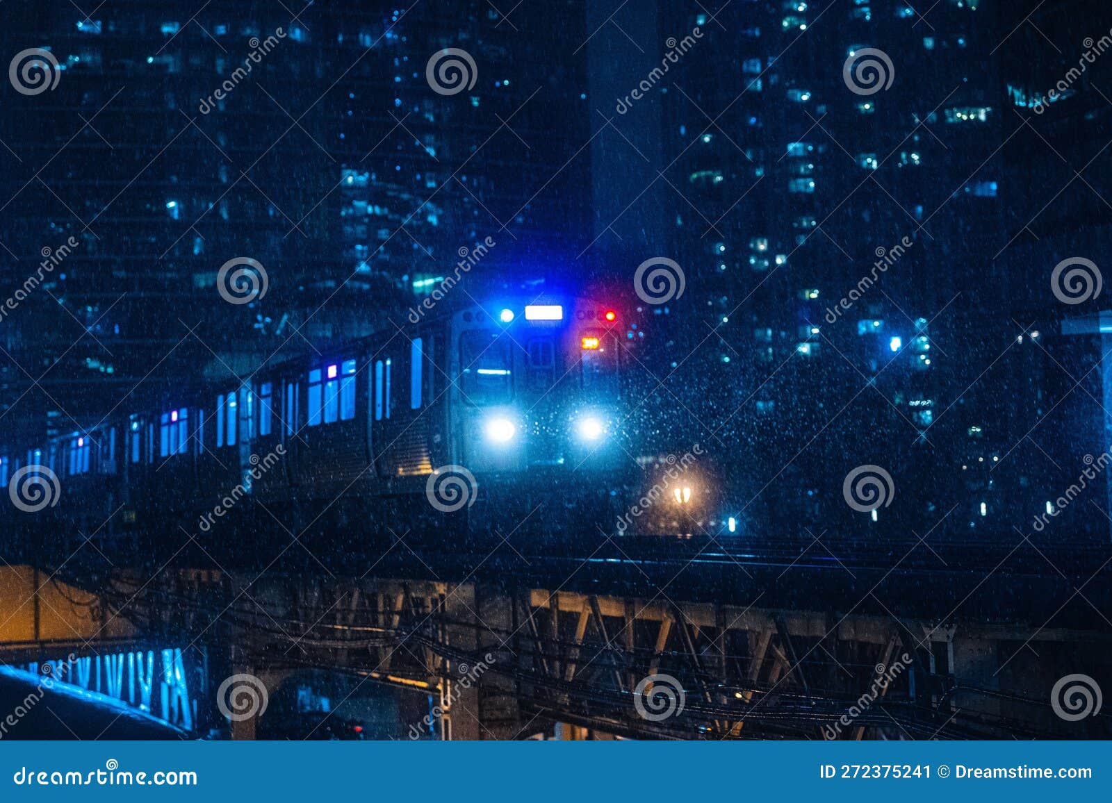 Vibrant Night Scene Featuring a Train with Illuminated Windows Speeding ...