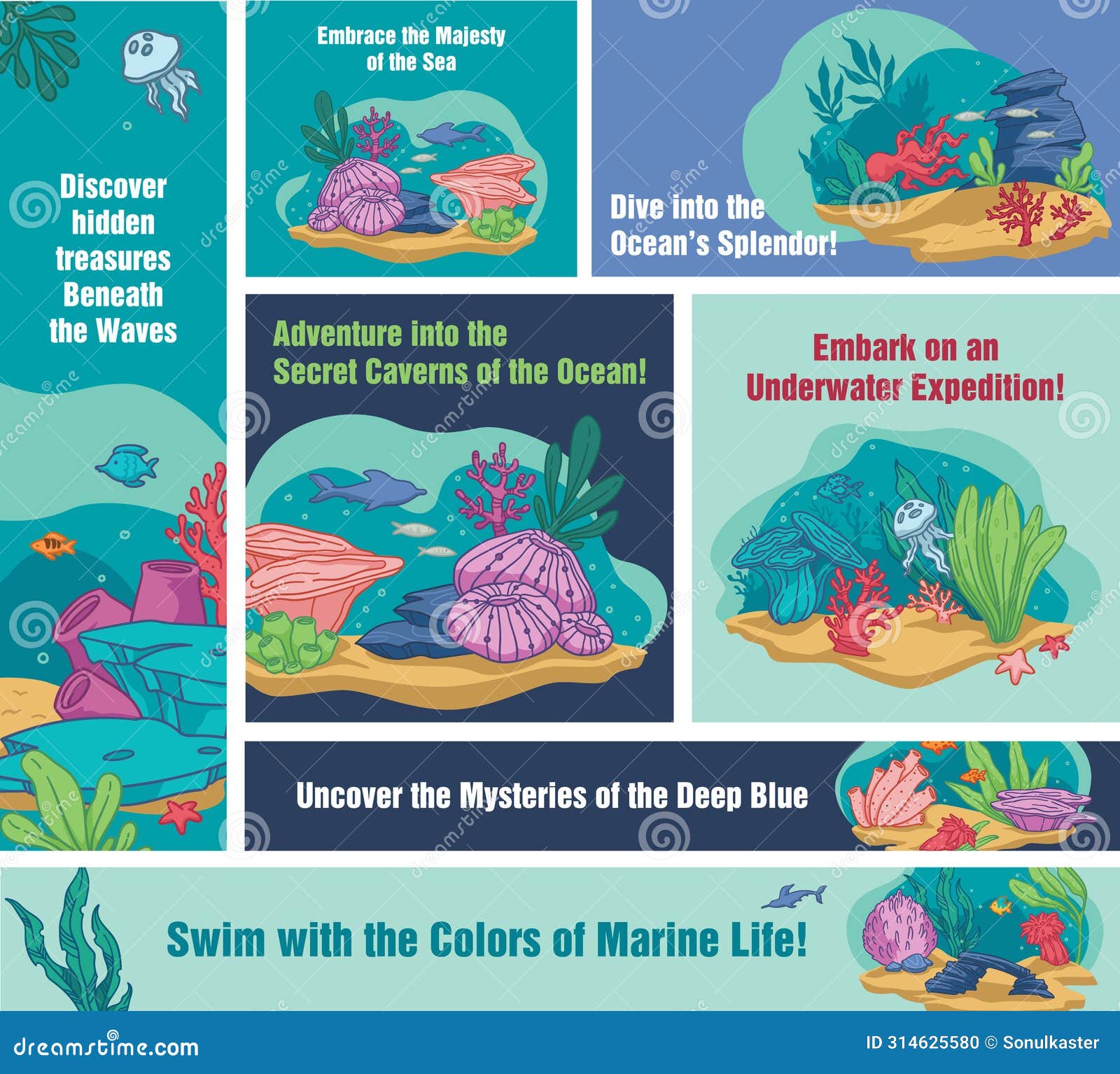 Vibrant Ocean Life Poster Series Vector Stock Illustration ...