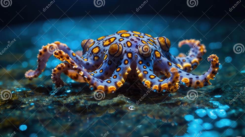 A Vibrant Octopus with Striking Patterns Resting on a Rocky Surface ...