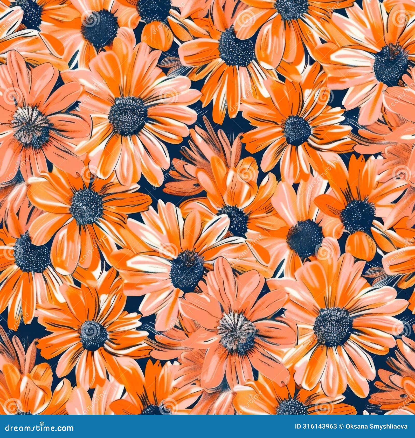 Vibrant Orange Daisy Pattern on Deep Blue Background Stock Image ...