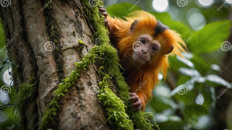 A Vibrant Orange Monkey Peeks from a Moss-covered Tree in a Lush Green ...