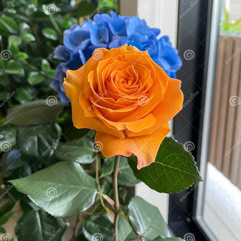 Vibrant Orange Rose and Blue Hydrangea in a Harmonious Composition of ...
