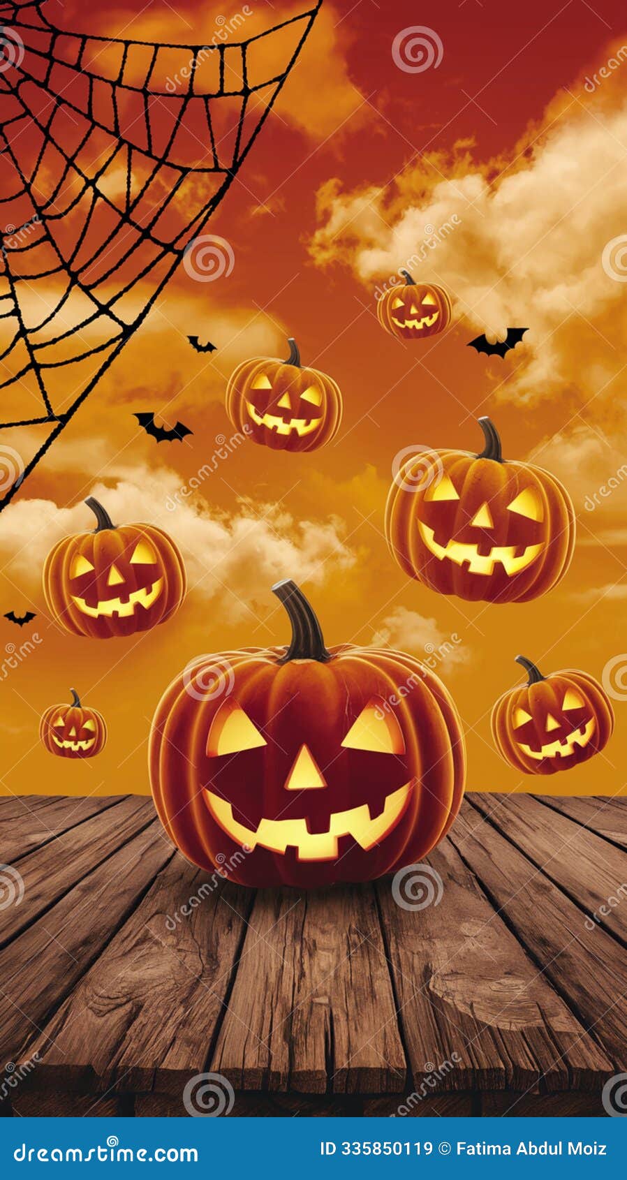 Orange Sky with Floating Pumpkin Faces, Spiderweb on Left, Enhancing ...