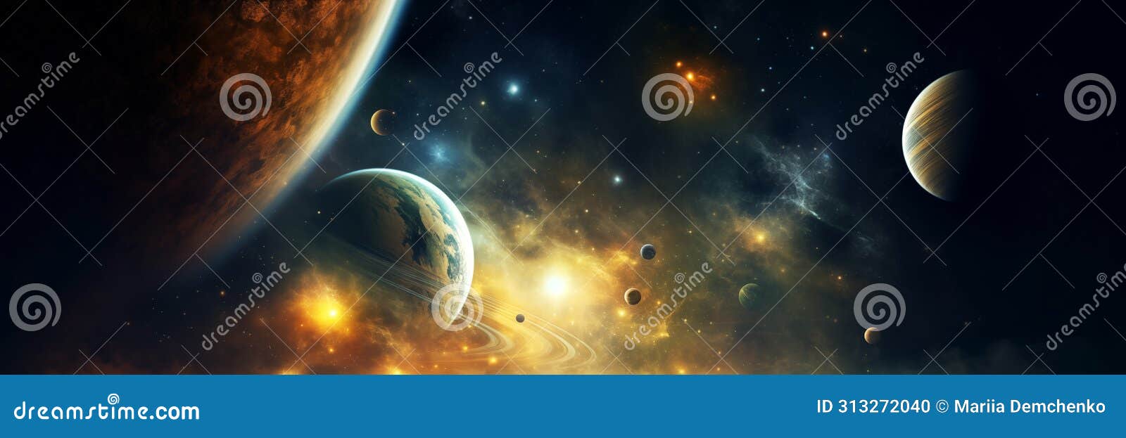 Vibrant Outer Space Banner with Planets, Stars and Nebulae. Panoramic ...