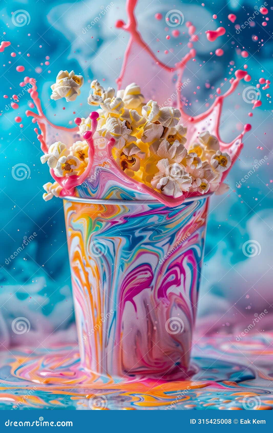 Vibrant Paint Splash with Popcorn Exploding from Colorful Cup on ...