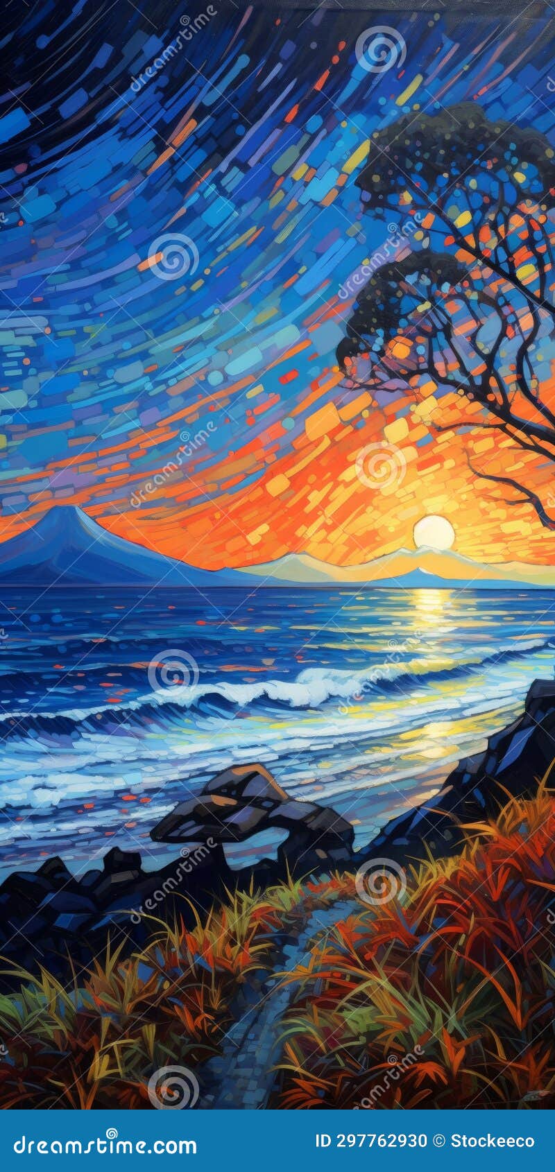 Vibrant Mosaic: Volcano Painting of Starry Night Over Sea Shore Plains ...