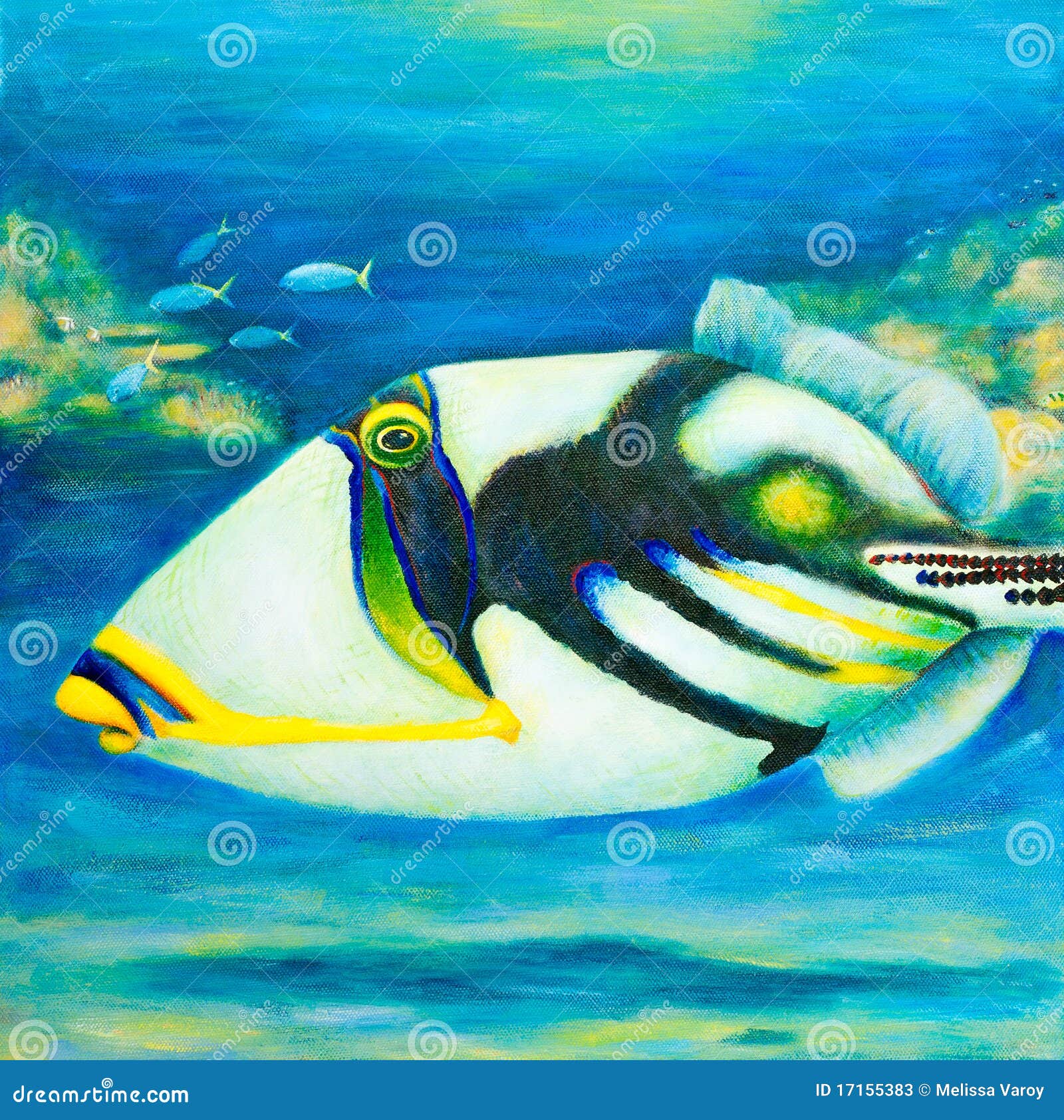 Vibrant Painting of a Trigger Fish on a Coral Reef Stock Illustration ...