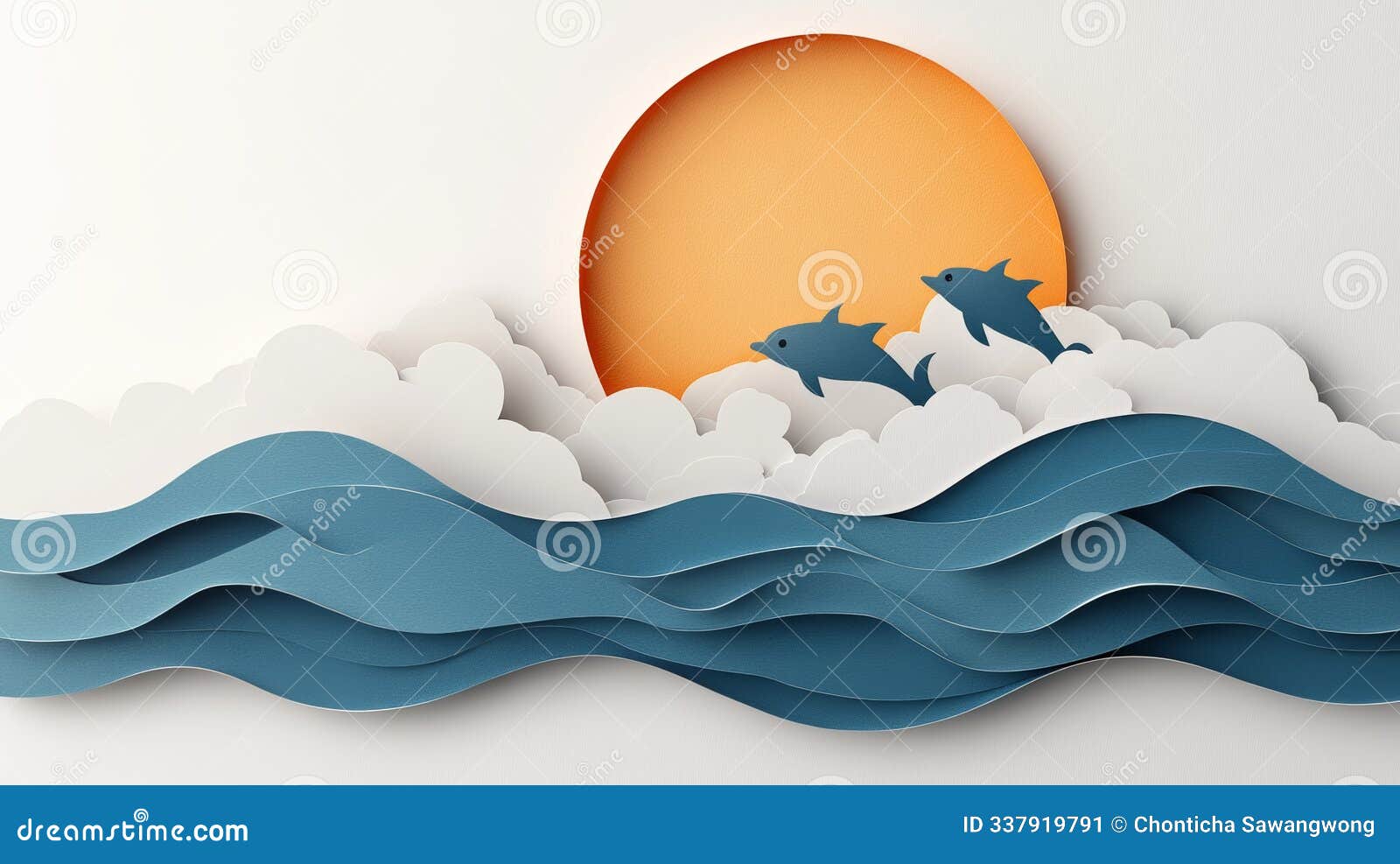 A Vibrant Paper Cutout Illustration of Dolphins Leaping through Waves ...