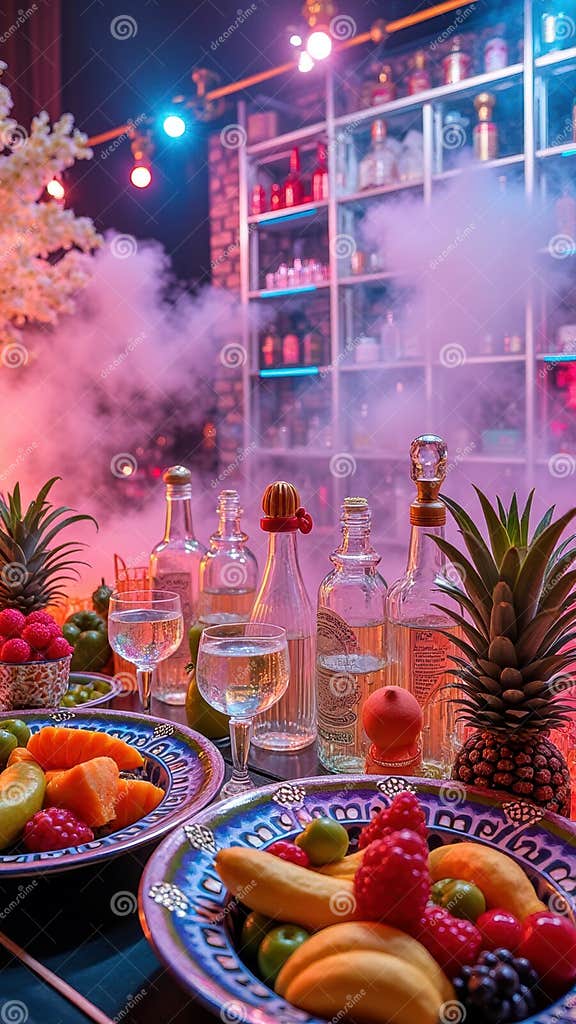 Vibrant Party Setup with Fruit Platters and Assortment of Spirits Stock ...