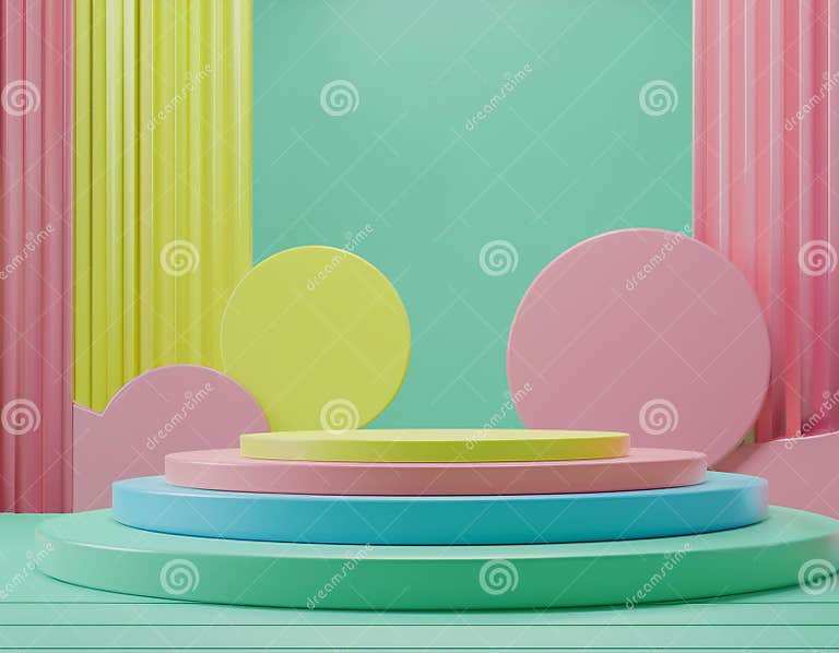 Vibrant Pastel Object Display on Podium Platform: 3D Rendering Stock ...