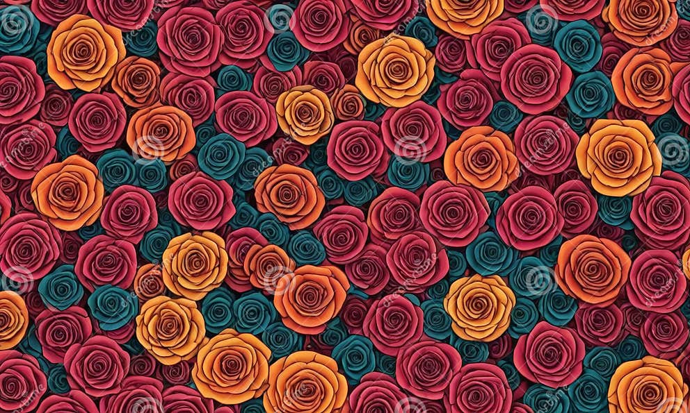 Vibrant Pattern Overlapping Red, Orange, and Blue Roses Creates ...