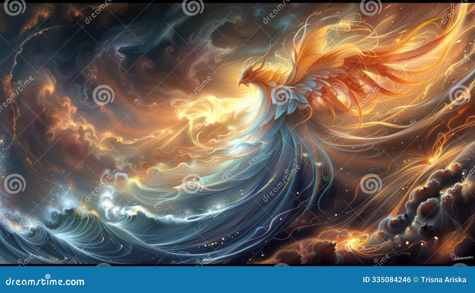 A Vibrant Phoenix Emerging from Swirling Clouds and Waves, Symbolizing ...