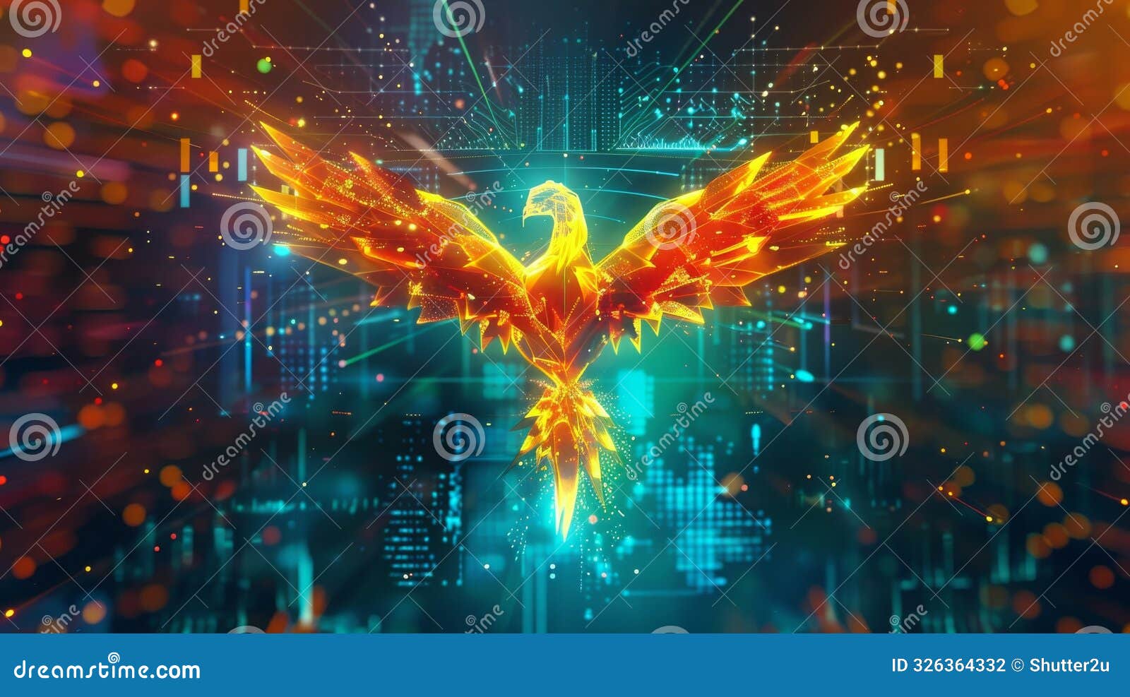 A Vibrant Phoenix Rising from a Computer Display Its Wings Spread Wide ...