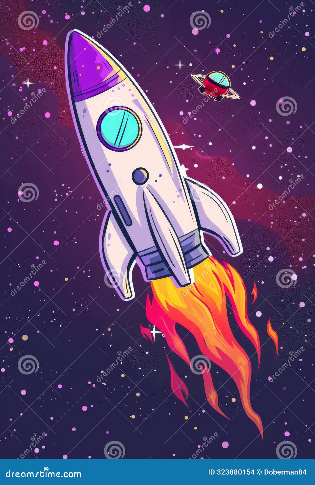 Colorful Cartoon Rocket Ship Blasting Off in Outer Space with Stars and ...