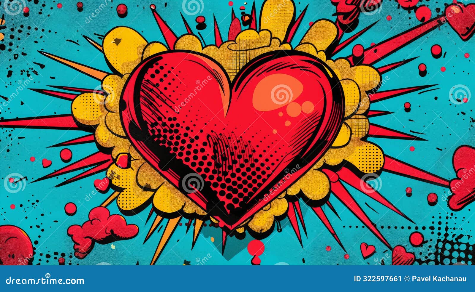 A Vibrant Pop Art Style Image of a Red Heart Exploding on a Blue ...