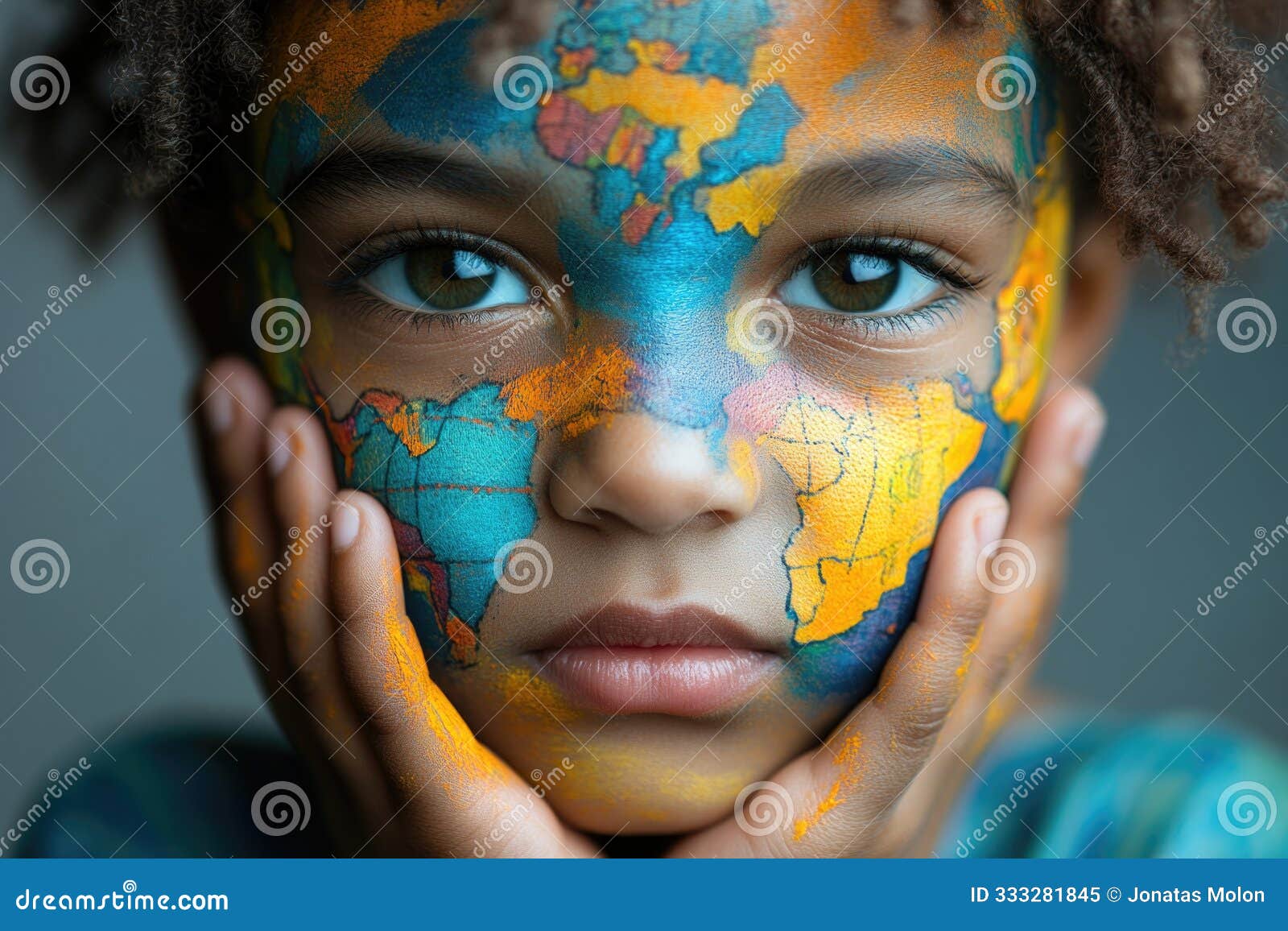 Vibrant Portrait of a Child with World Map Painted on Face Symbolizing ...