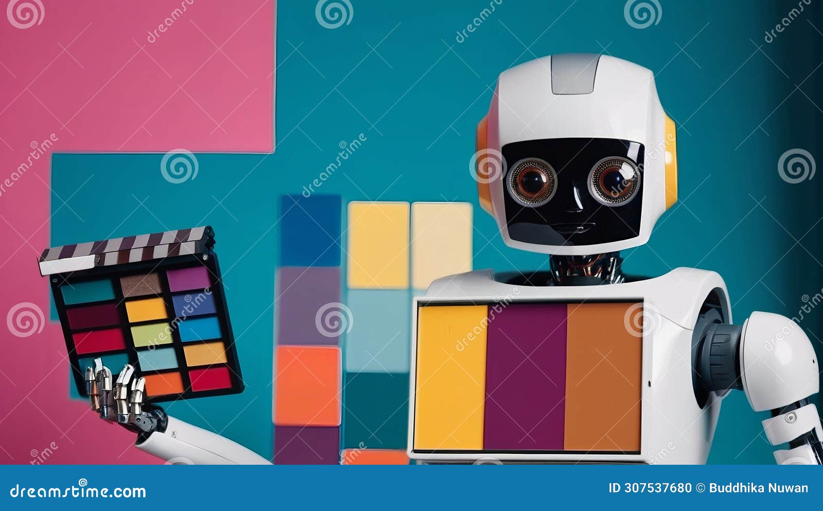 Bold Portrait Photo of a Portrait of a Cute Robot. it is Holding a ...