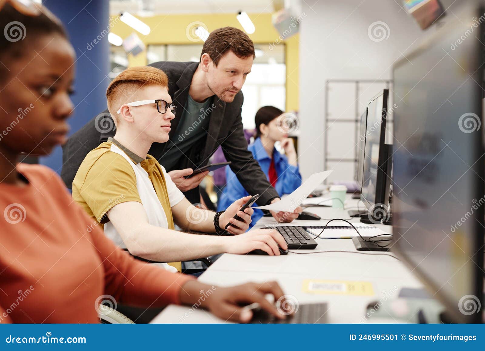 Teacher with Students in Computer Lab Stock Image - Image of studying ...