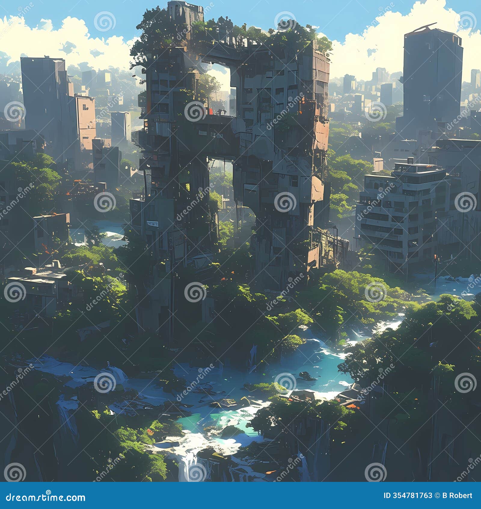 Vibrant Post-Apocalyptic Cityscape with Towering Structures and Lush ...