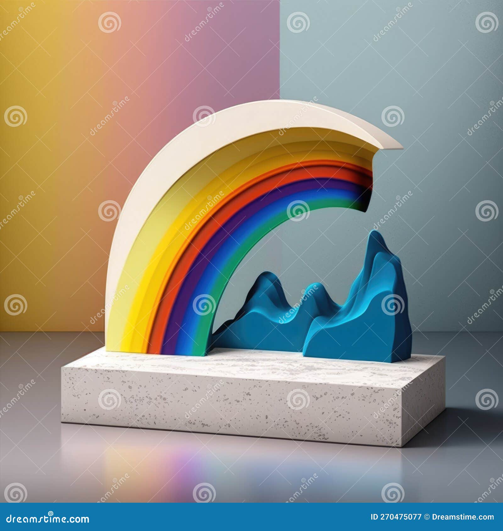Vibrant Rainbow Arching Over A Rainbow River Podium, Empty Showcase For ...