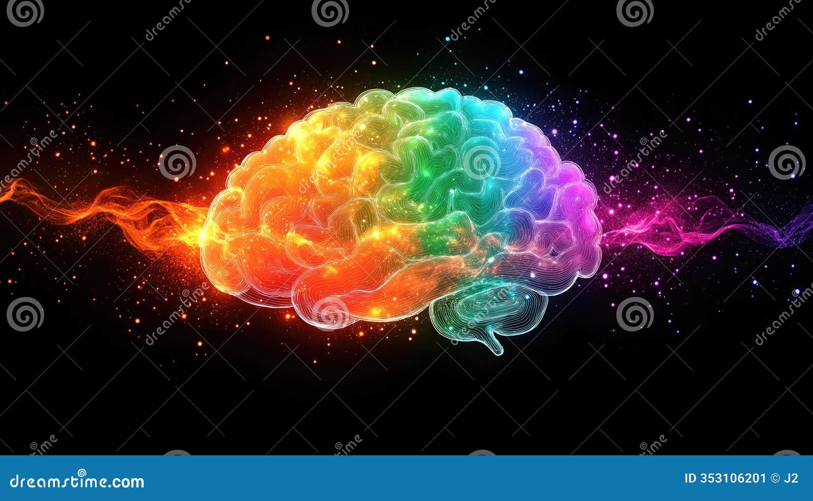 Vibrant Rainbow-colored Brain Illustration with Energetic Light Effect ...