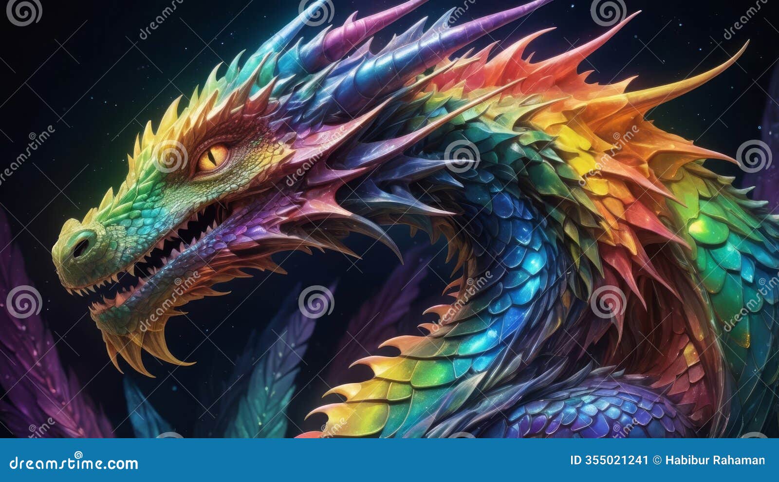 A Vibrant Rainbow Dragon with Sharp Teeth and Scales Stock Illustration ...
