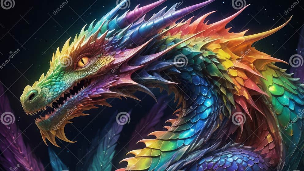 A Vibrant Rainbow Dragon with Sharp Teeth and Scales Stock Illustration ...