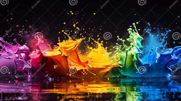 Vibrant Rainbow Paint Splashes Explode Against a Dark Background. the ...