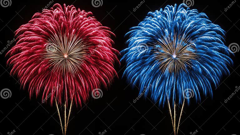 Vibrant Red and Blue Fireworks Exploding Against Night Sky Stock Photo ...