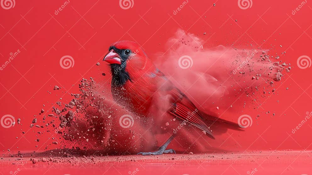 Vibrant Red Cardinal in Motion with Explosive Dust Effect Stock ...