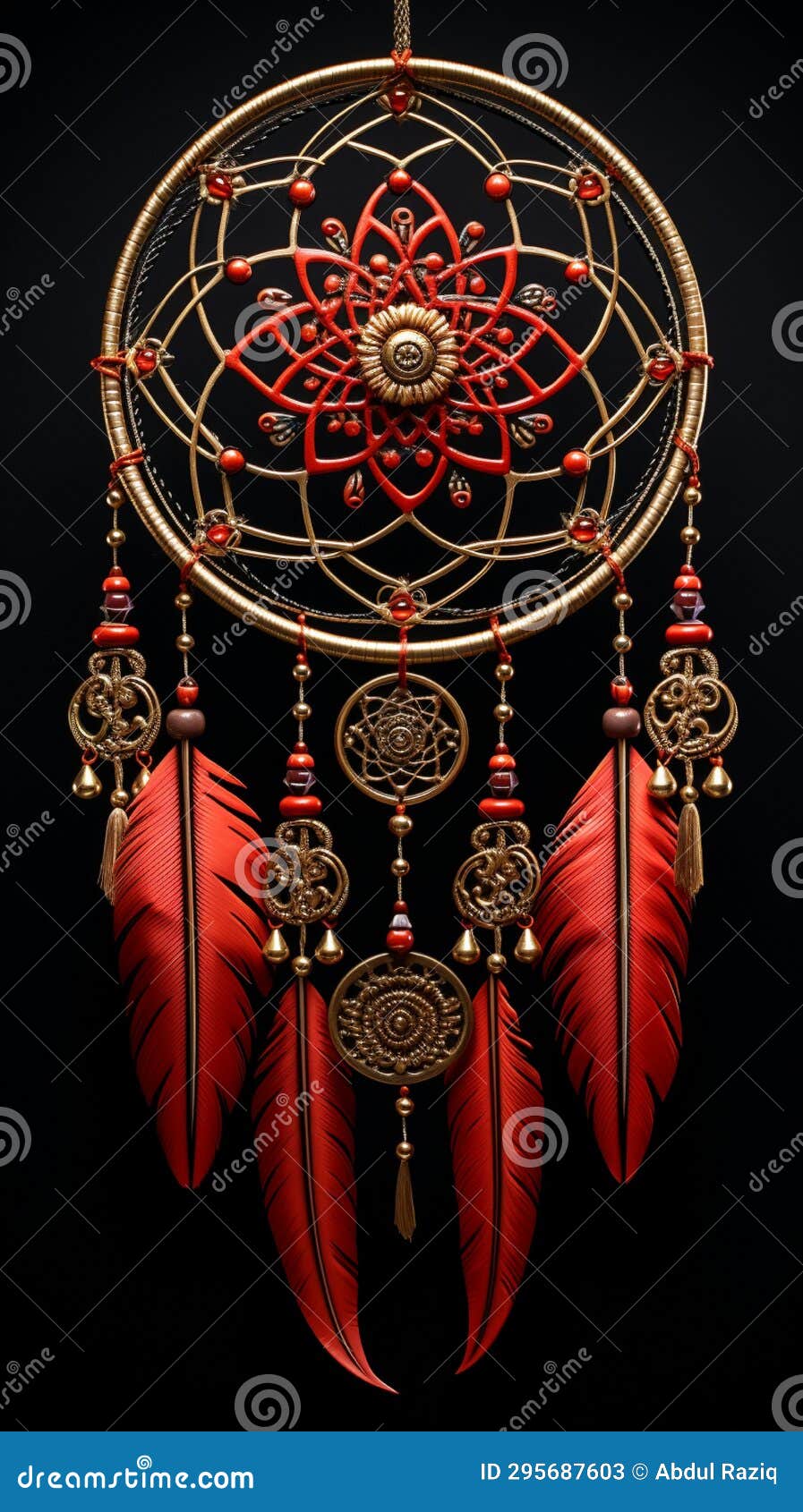 A Vibrant Red Dream Catcher Featuring Golden Threads and Intricate ...