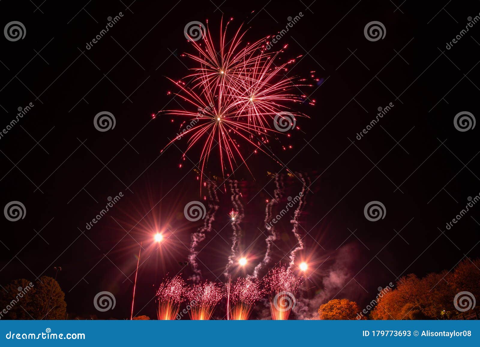 Vibrant Red Fireworks Exploding in the Night Sky Stock Image - Image of ...