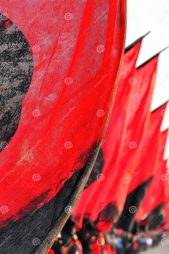 Vibrant Red Flags with Black Patterns Flapping in the Wind Stock ...
