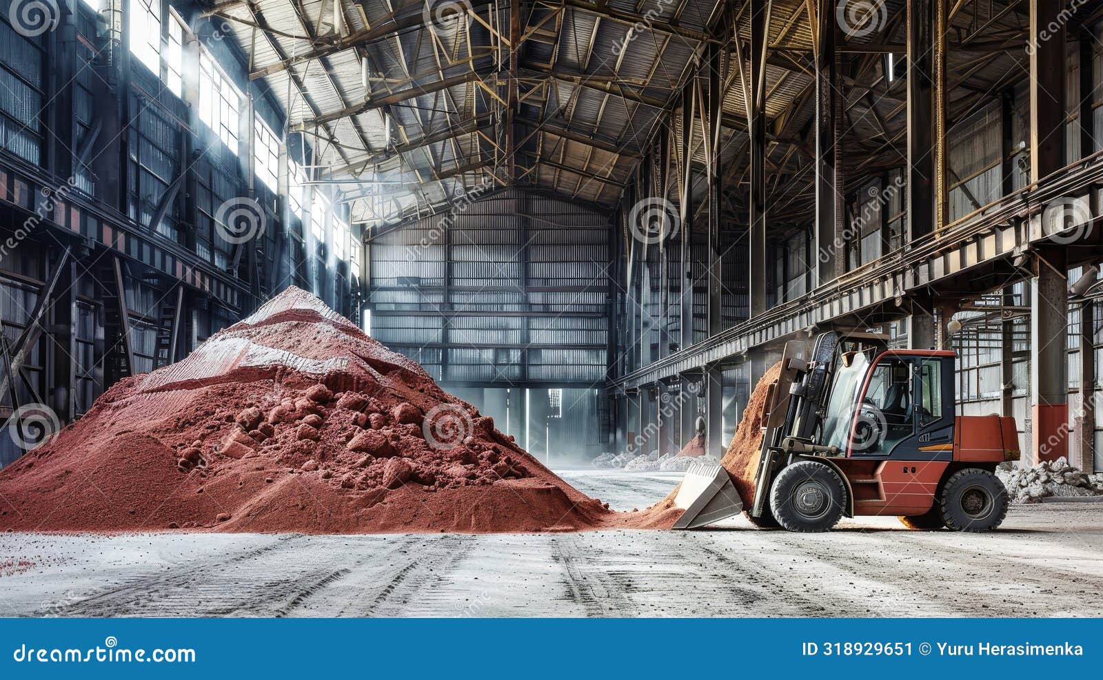 A Vibrant Red Forklift Navigates Through A Warehouse Filled With A Pile ...