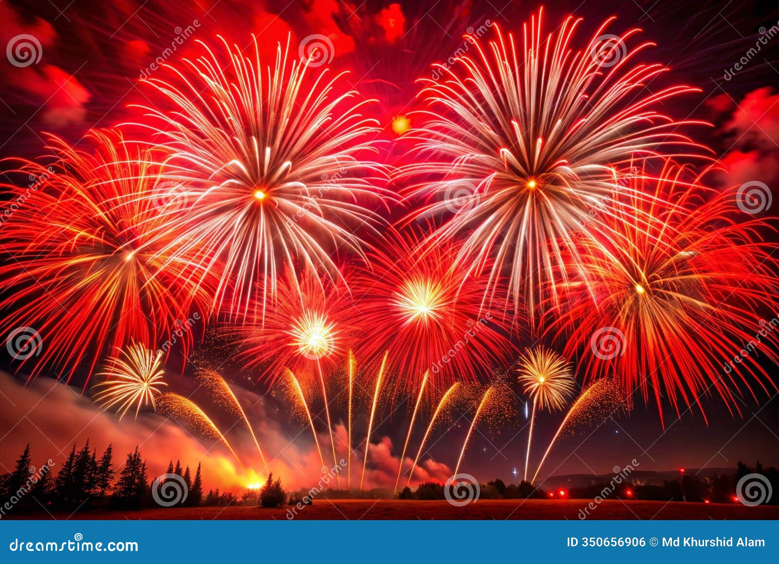 Vibrant Red and Gold Fireworks Exploding in the Night Sky, Illuminating ...