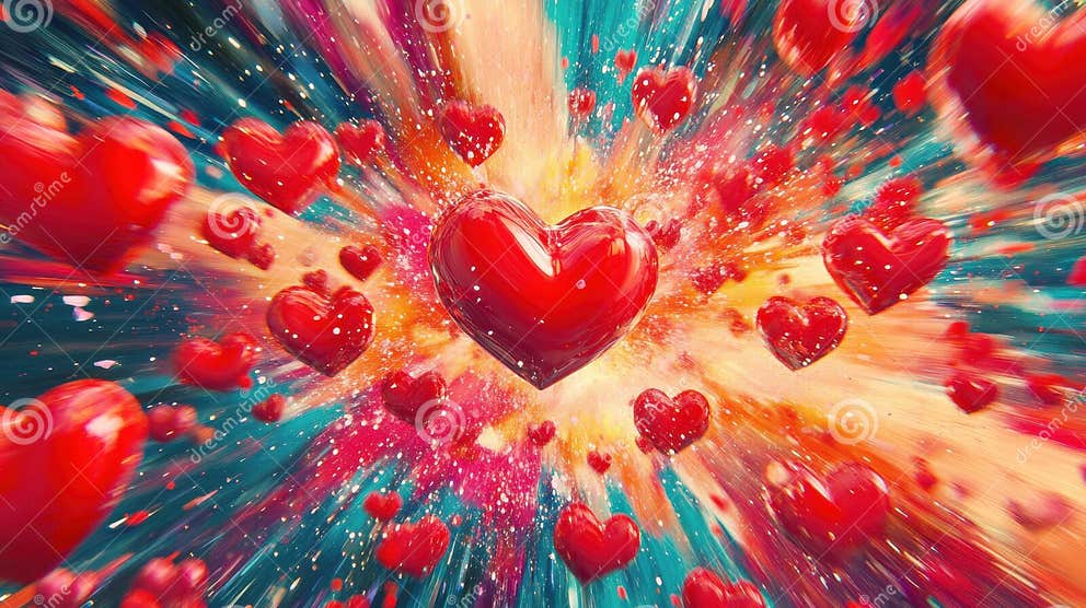 Vibrant Red Hearts Exploding Against a Colorful Starburst Background ...