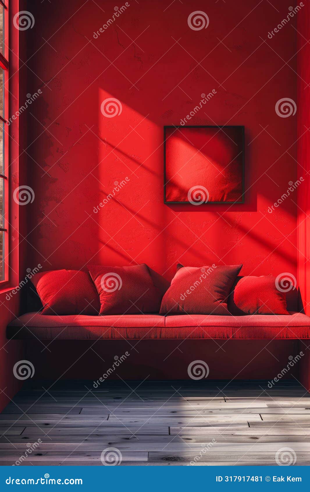 Vibrant Red Interior Design with Cushioned Bench, Abstract Wall Art ...