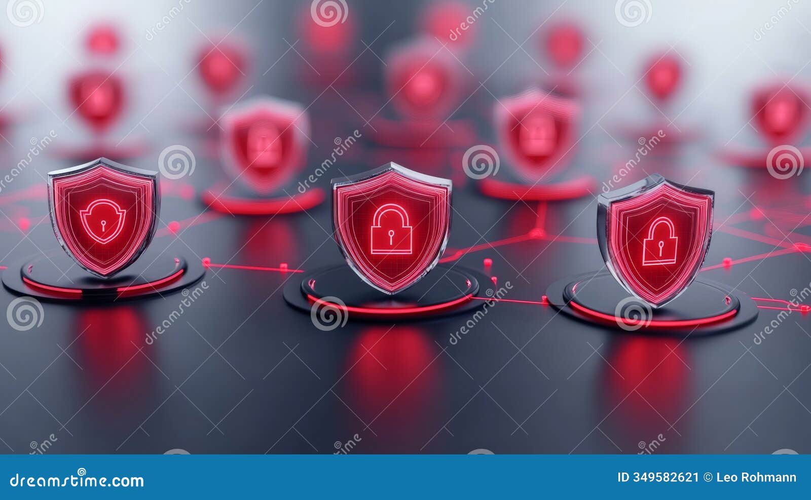 Vibrant Red Shield Icons Interconnected in a Glowing Web of ...