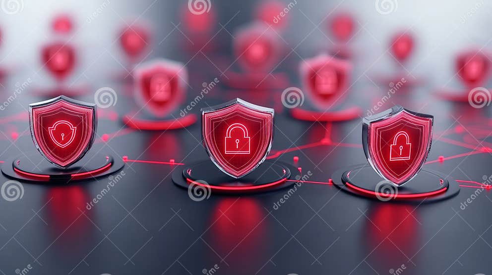 Vibrant Red Shield Icons Interconnected in a Glowing Web of ...