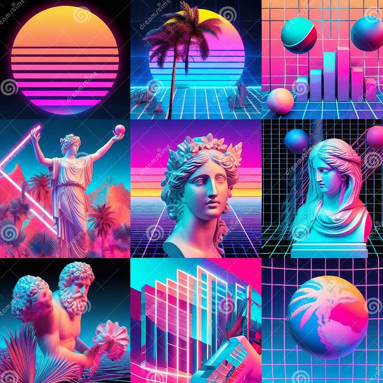 Vibrant Retro Collage with Neon and Classical Elements Stock Photo ...
