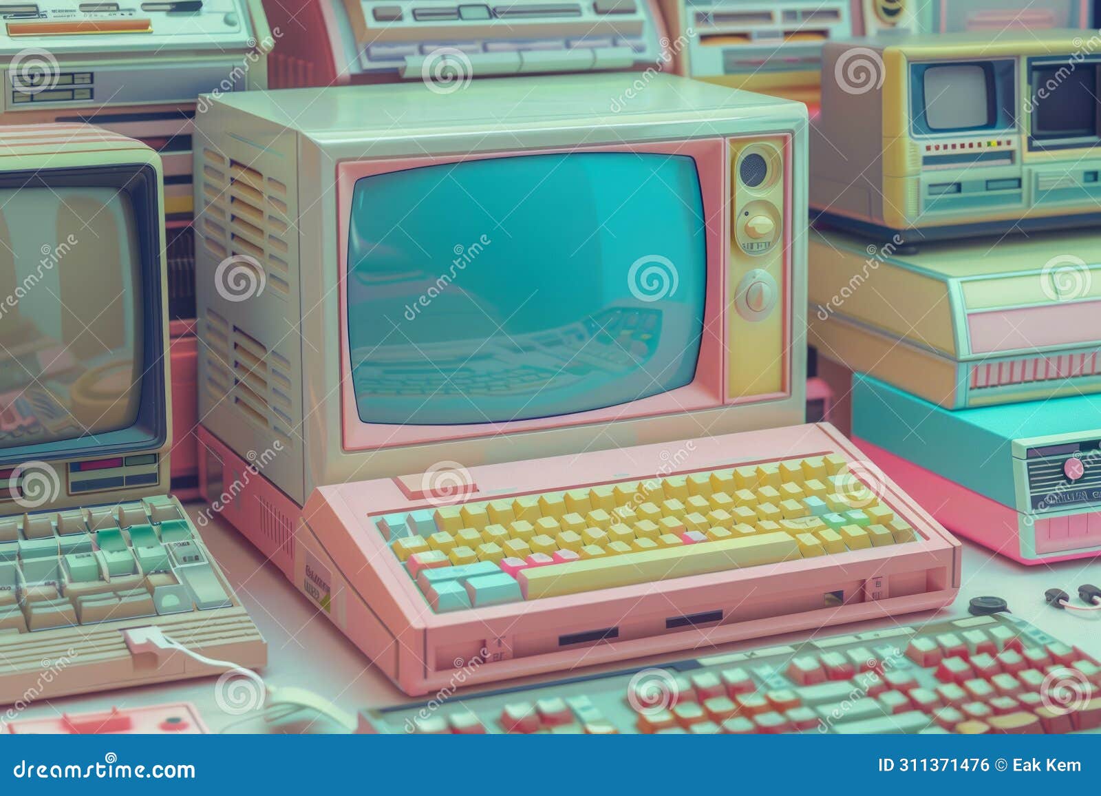 Vibrant Retro Computer Setup with Multiple Vintage Personal Computers ...