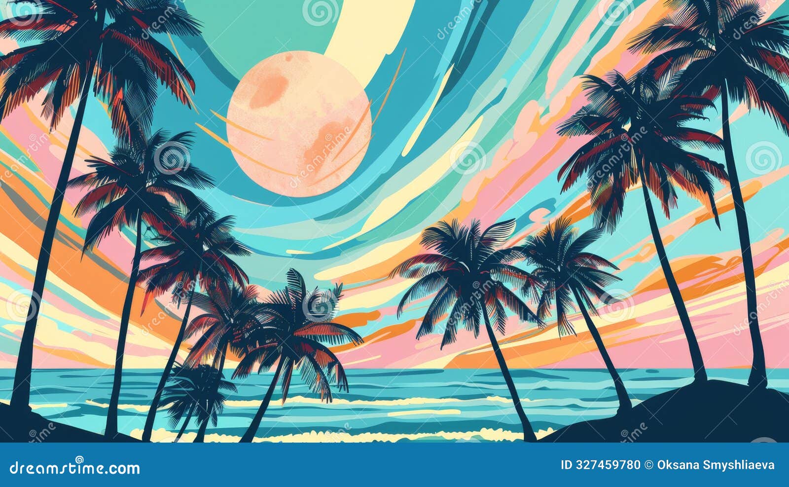 Vibrant Retro-Style Beach Sunset with Palm Trees and Ocean Waves Stock ...