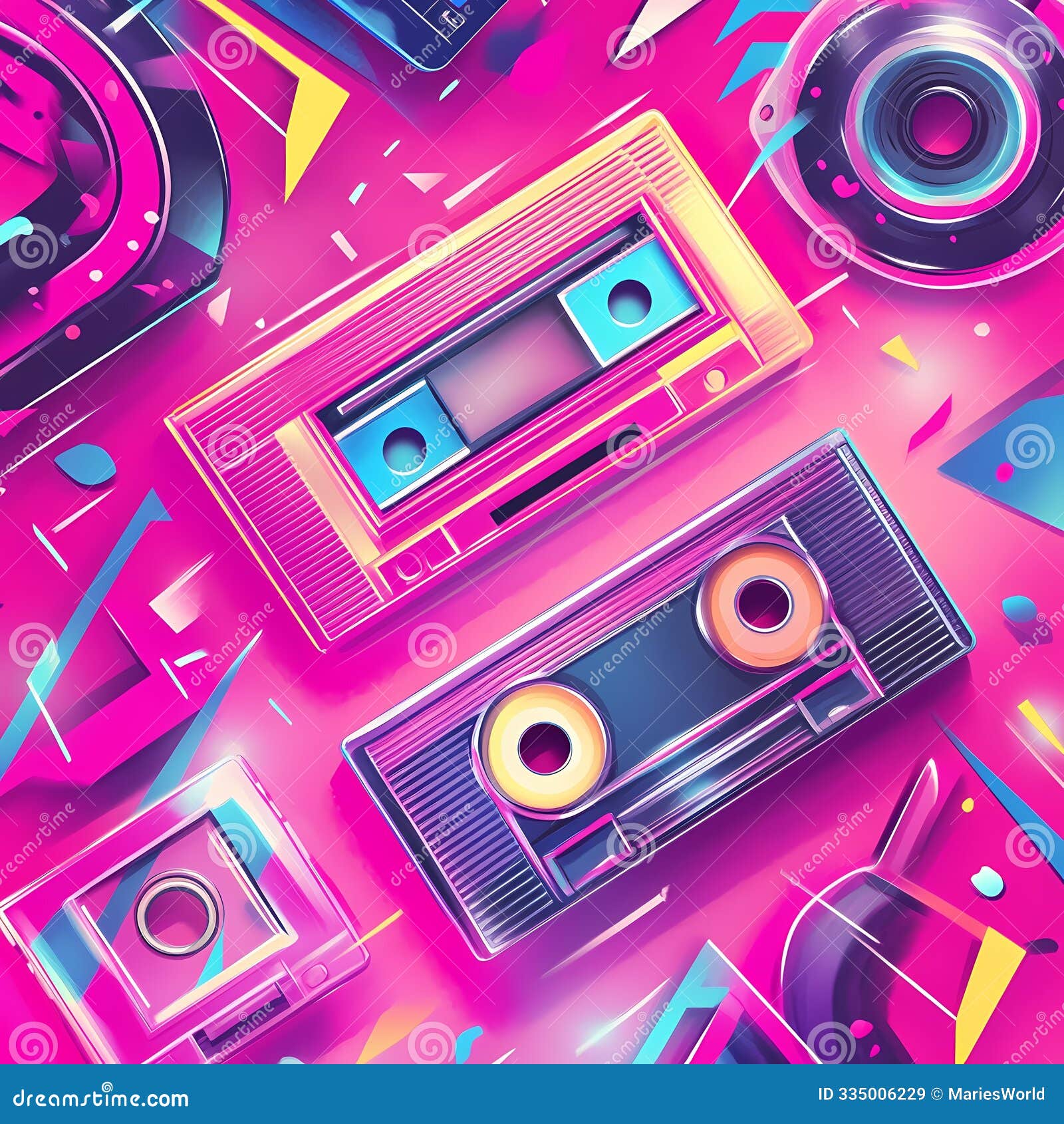 Vibrant Retro Synthwave Cassette Tapes and Tech Elements on Neon Background Stock Illustration ...